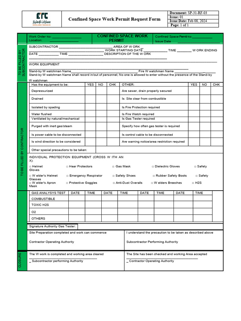 SP-31-RF-03 Confined Space Work Permit Request Form | PDF | Safety ...