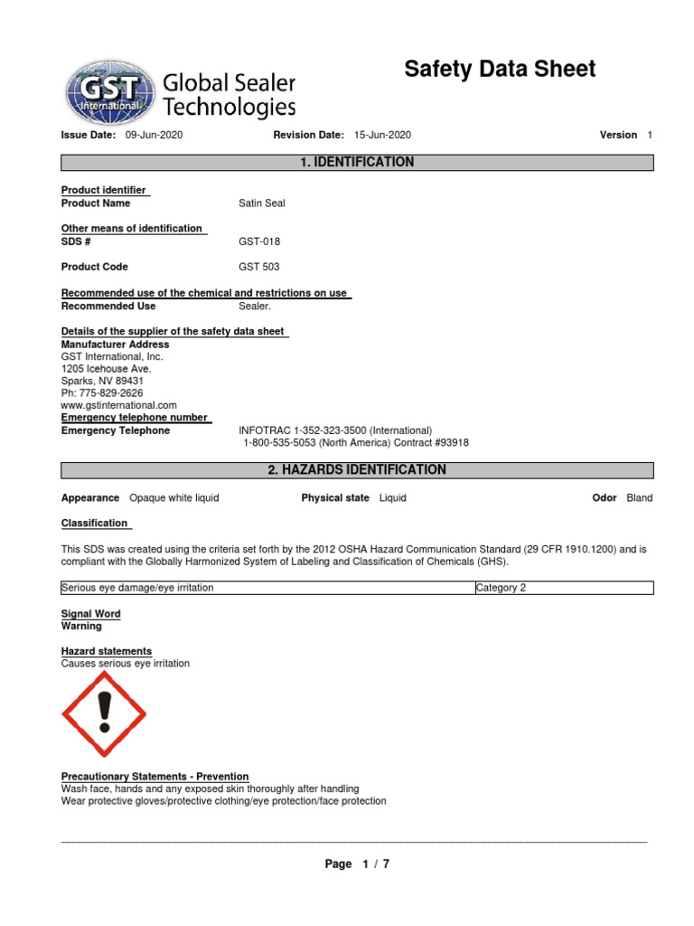 Satin Seal SDS | PDF | Personal Protective Equipment | Safety