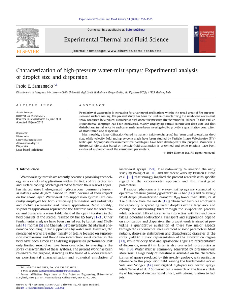 Characterization of High-Pressure Water-Mist Sprays - Experimental ...