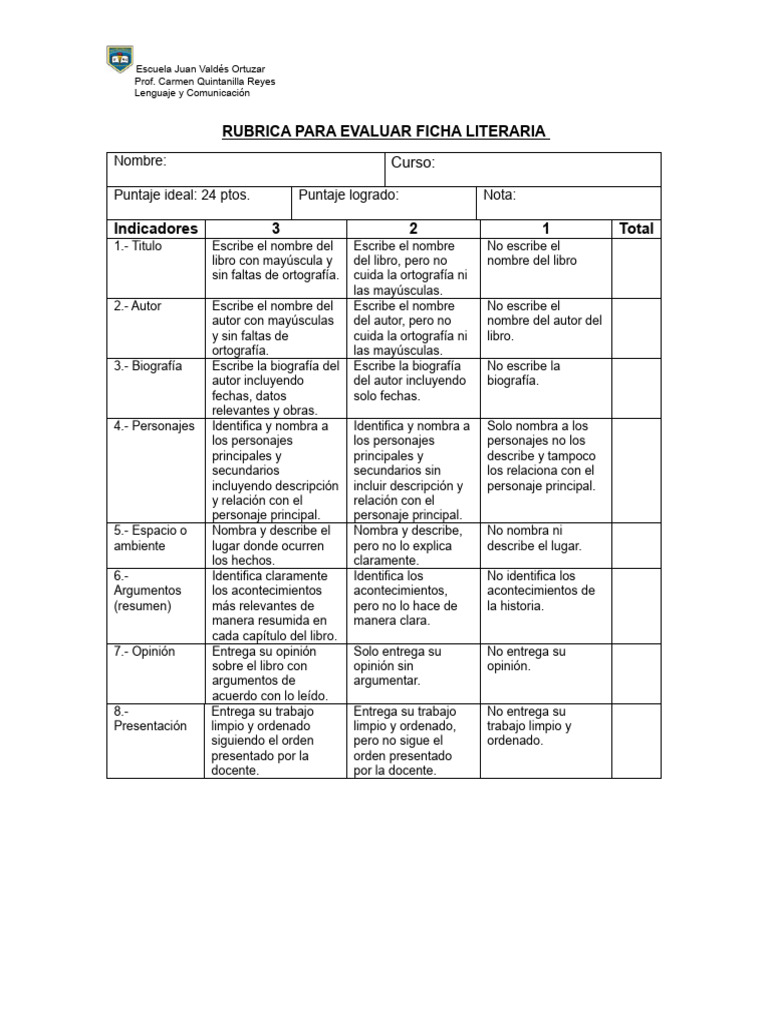 Rubrica para Evaluar Ficha Literaria | PDF