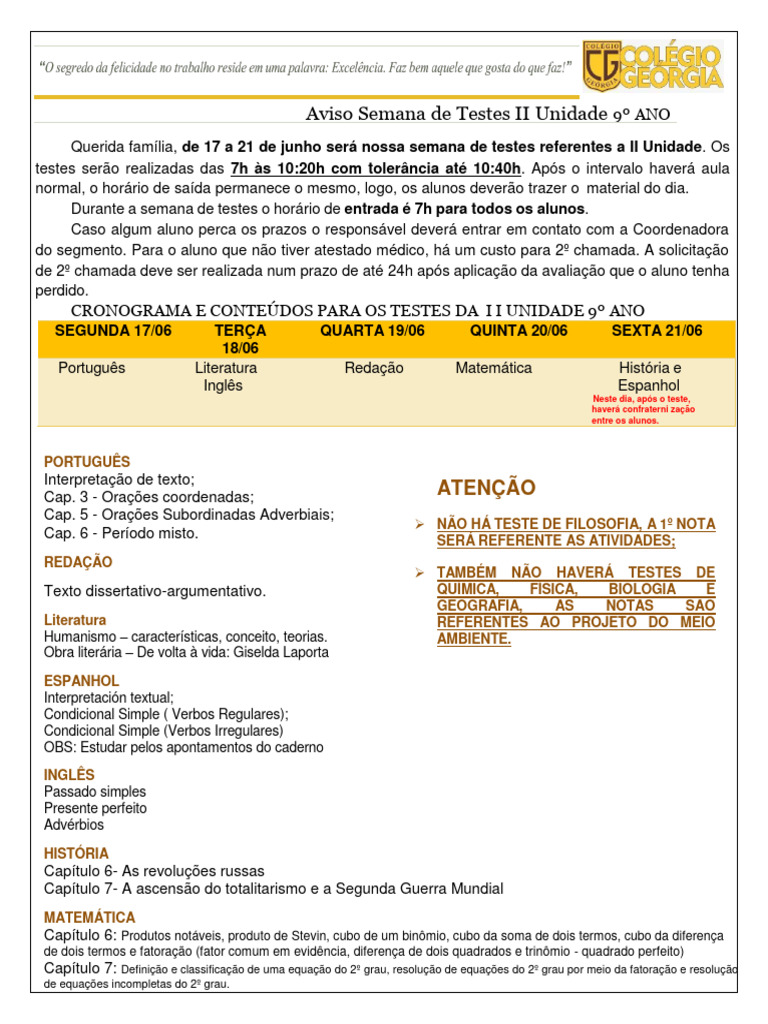 9º Cronograma Testes II Unidade 2024 | PDF | Equações