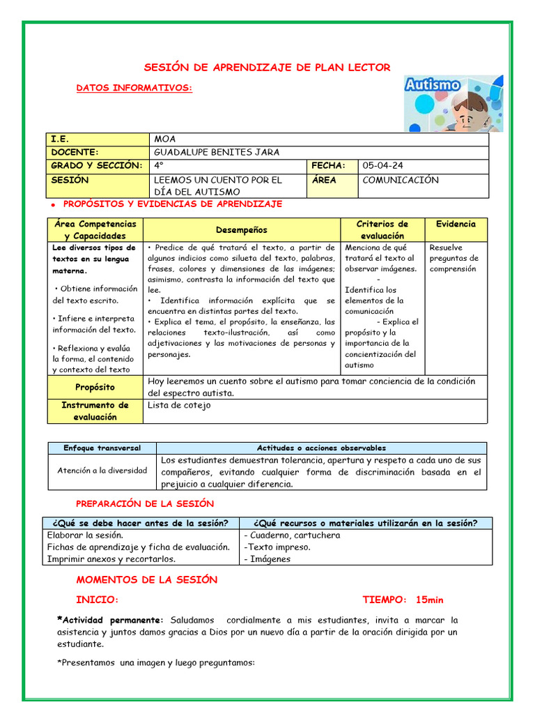 Sesión 05-04-24 Cuento Del Autismo Comunicación 4TO | PDF | Espectro ...