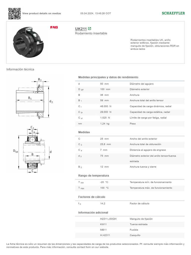 Rodamiento UK211: Especificaciones y Detalles | PDF | Ingeniería ...