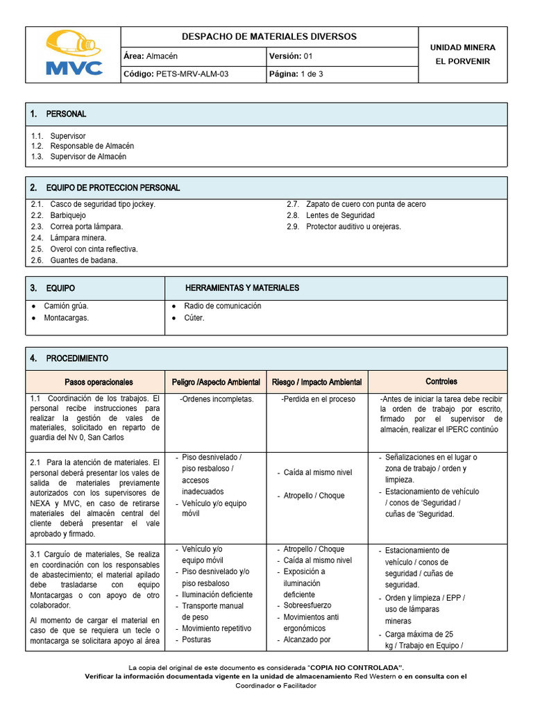 Pets-Mrv-Alm-05 Despacho de Materiales Diversos | PDF | Factores humanos y ergonomía | Minería