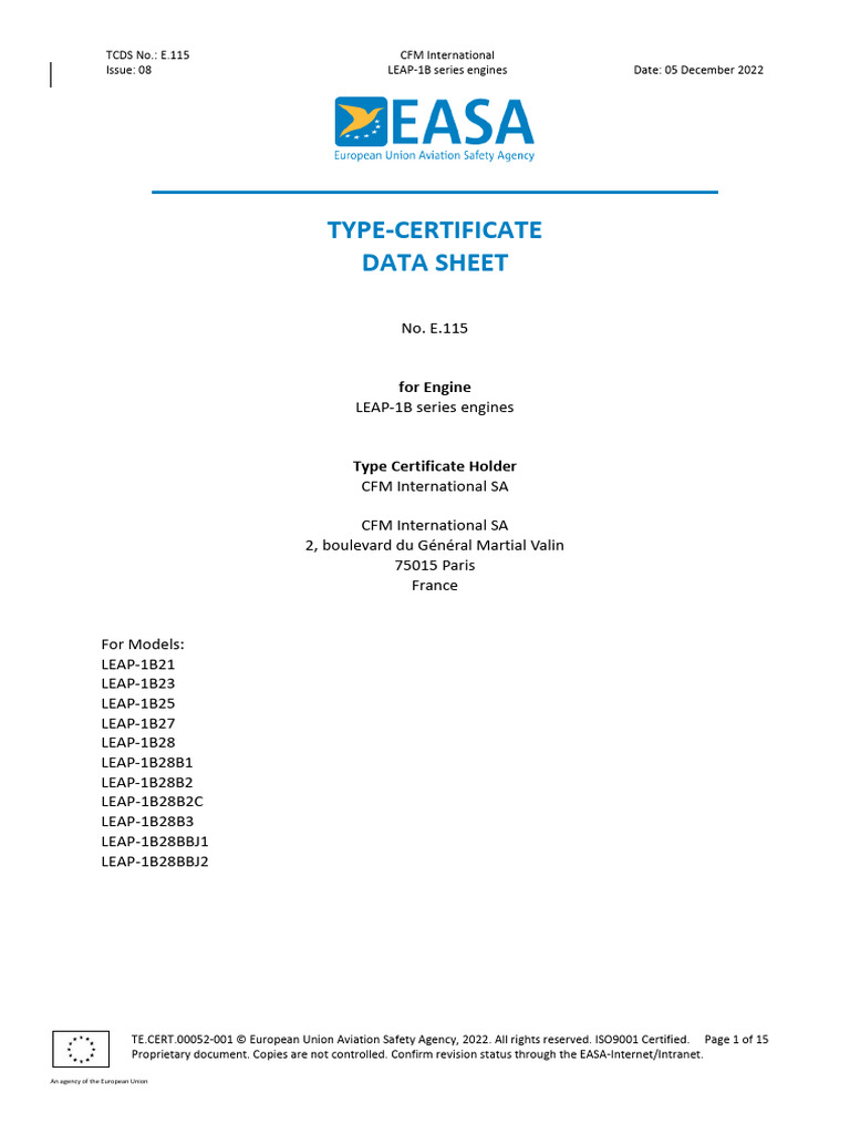 EASA E115 TCDS Issue 8 LEAP-1B - 0 | PDF | Rotating Machines | Propulsion