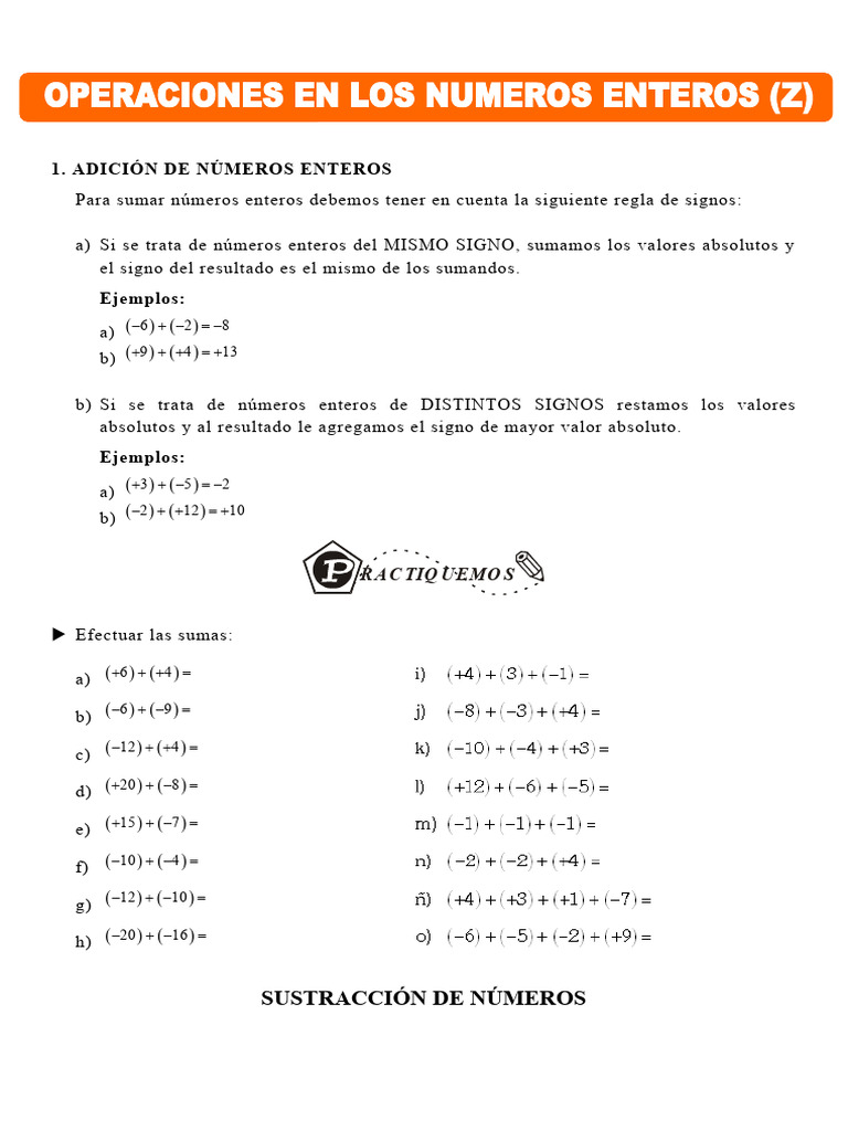 Operaciones en Los Numeros Enteros para Quinto de Primaria | PDF ...