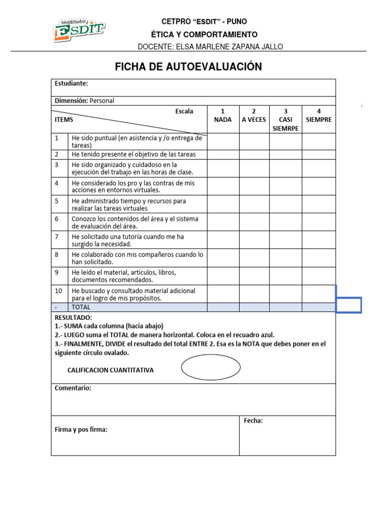 Ficha de Auto y Coevaluación_etica y Comportamiento | PDF