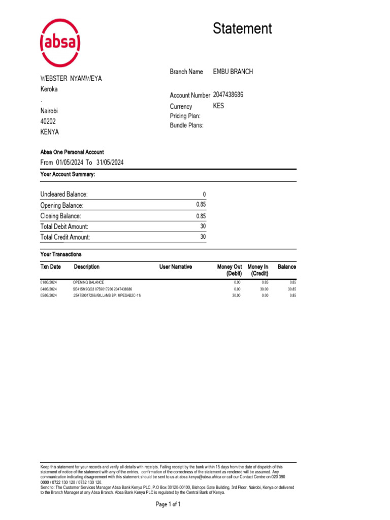 Statement: Absa One Personal Account | PDF | Debits And Credits | Banks