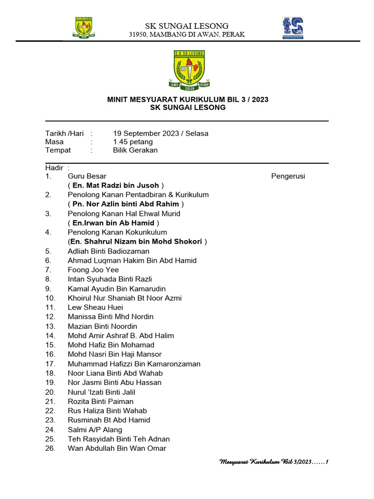 Minit Mesyuarat Kurikulum Bil 3 - 2023 | PDF