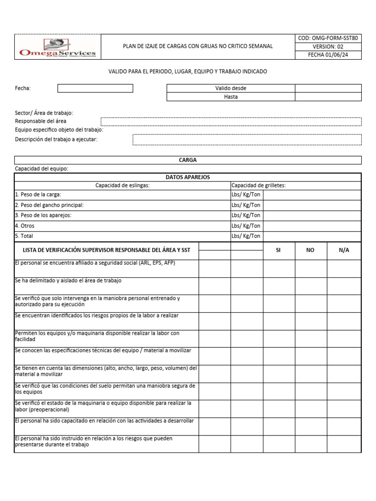 OMG-FORM-SST80 PLAN DE IZAJE DE CARGAS CON GRUAS NO CRITICO SEMANAL | PDF