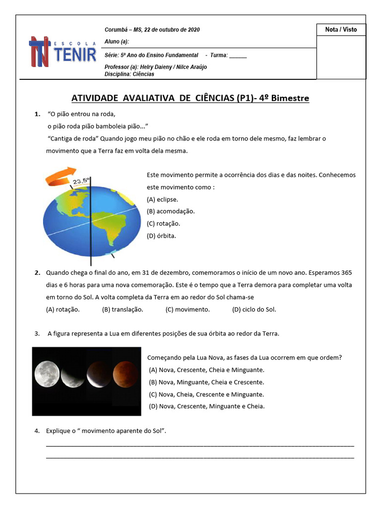 Ciências - p1 5º Ano - 4º Bim | PDF | Sol | Terra