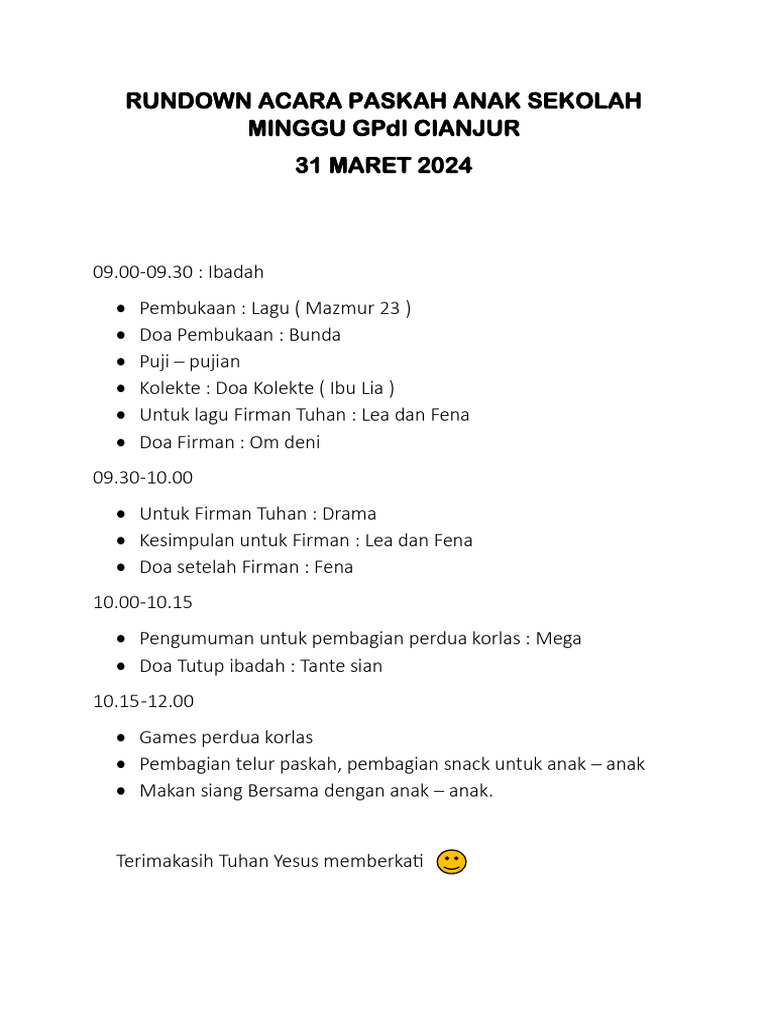 Rundown Acara Paskah Anak Sekolah Minggu Gpdi Cianjur | PDF