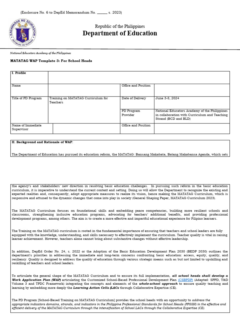 Sample Wap For School Head 2 | PDF | Curriculum | Teachers