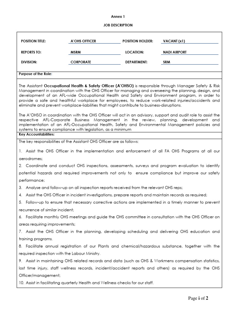 A’OHS Officer Job Description | PDF | Occupational Safety And Health ...