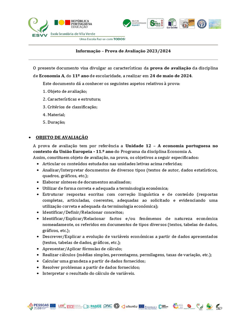Informação Prova Economia 11 5 | PDF | União Europeia | Economia