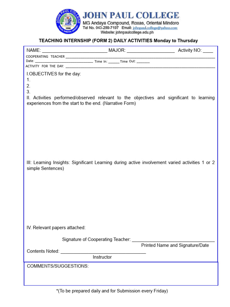 TEACHING INTERNSHIP - Form | PDF | Learning | Human Communication