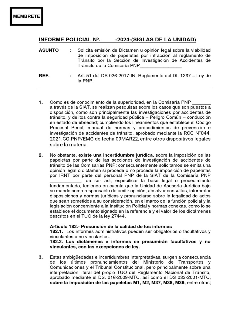Informe - Solicita Dictamen Sobre Imposición de Papeletas Del SIAT - Yury TOSCANO JURISPOL | PDF ...