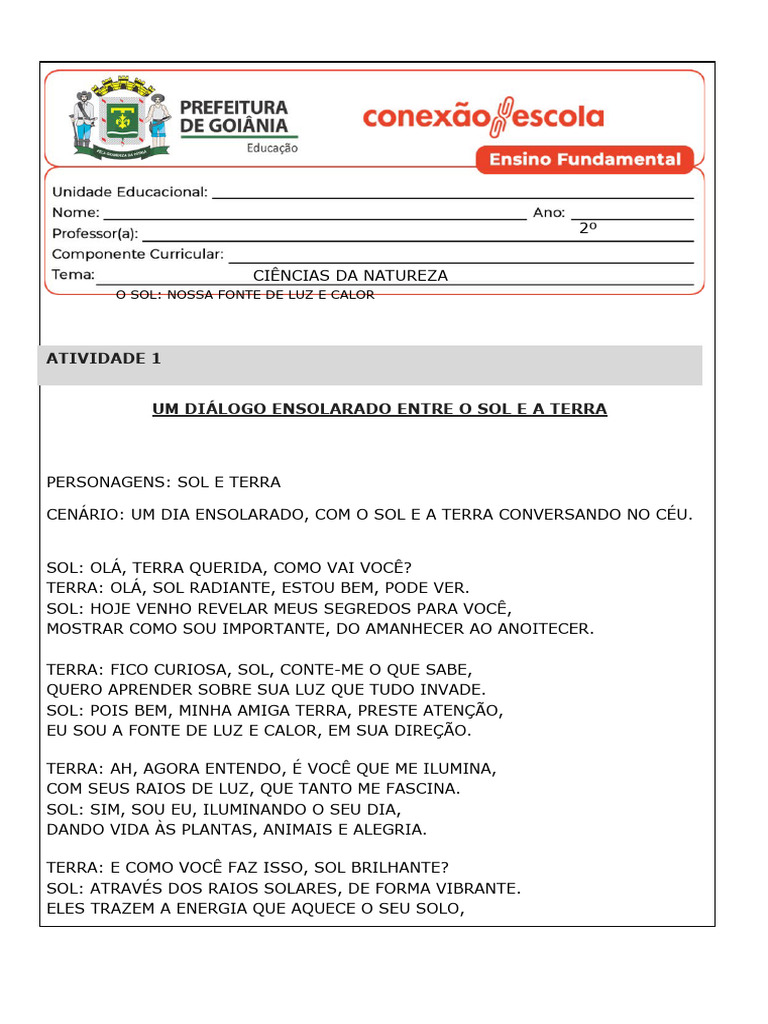 Atividade - O Sol - Nossa Fonte de Luz e Calor | Download grátis PDF | Sol | Terra