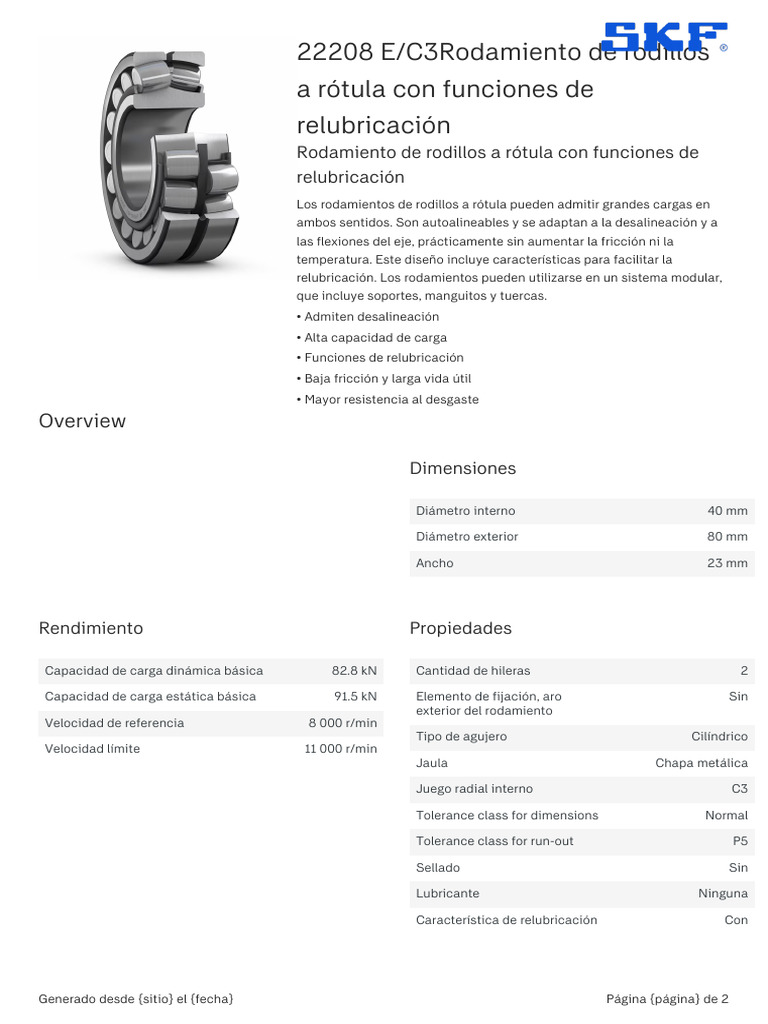 SKF 22208 E - C3Rodamiento de Rodillos A Rótula Con Funciones de ...