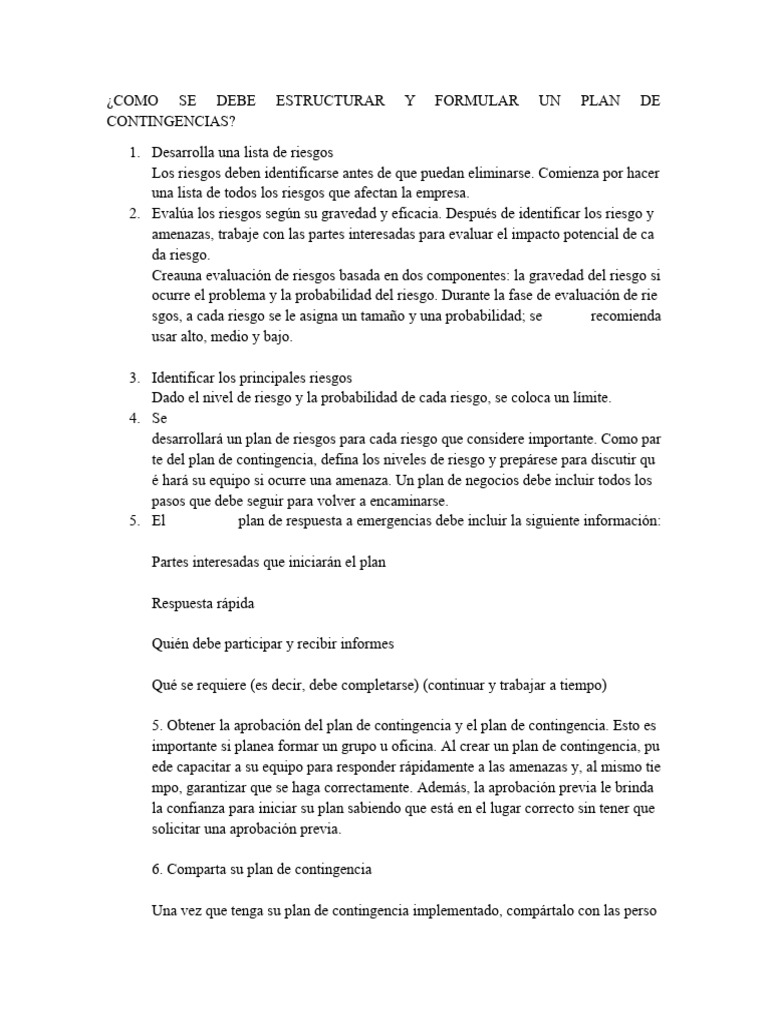 Como Se Debe Estructurar y Formular Un Plan de Contingencias | PDF ...