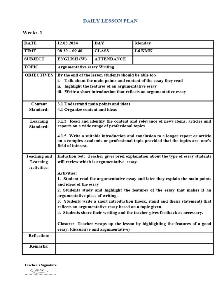 Lesson Plan Form 6 English Week 1 | PDF | Essays | Lesson Plan