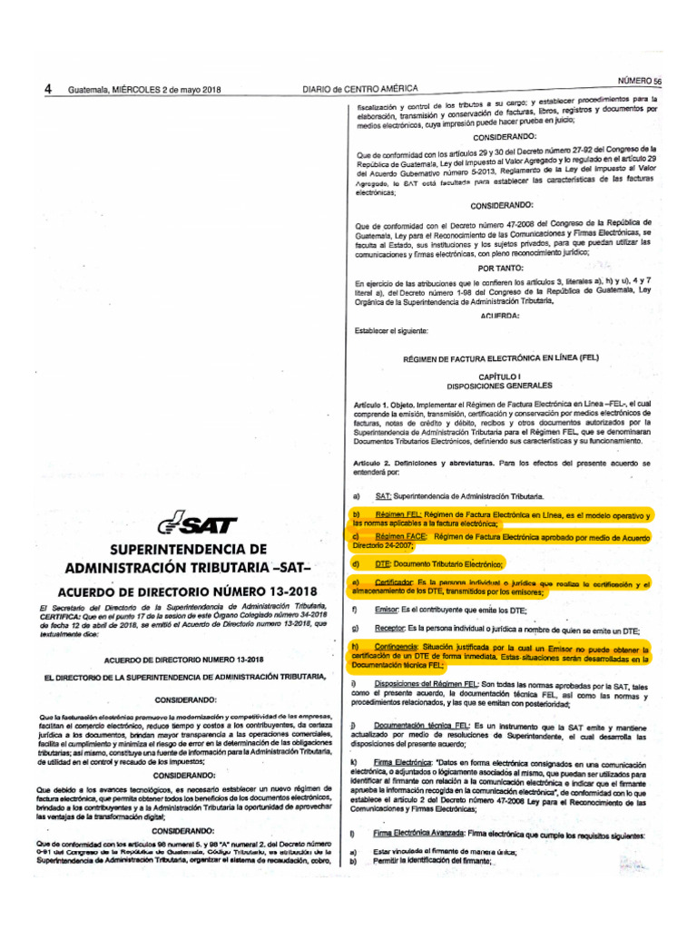 ACUERDO DE DIRECTORIO NUMERO 13-2018 - SAT (Régimen FEL) | PDF