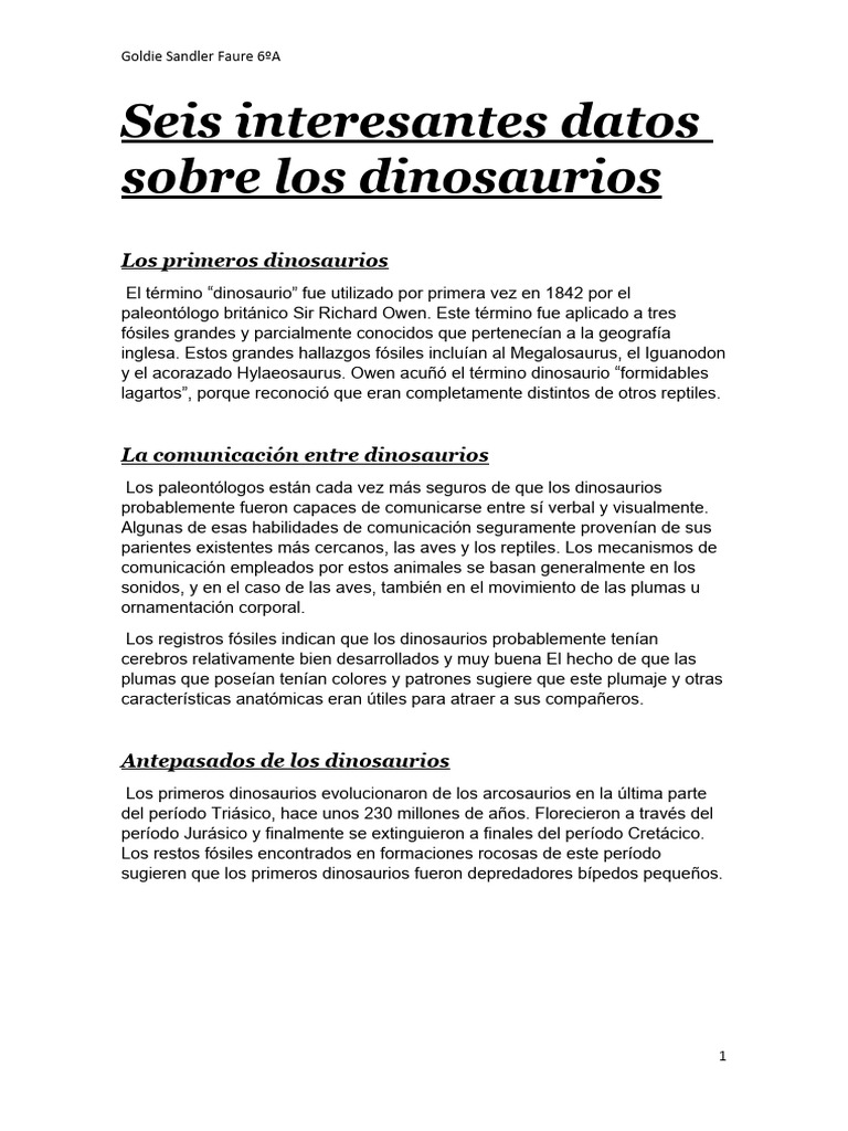 Seis Interesantes Datos y Características Sobre Los Dinosaurios | PDF ...