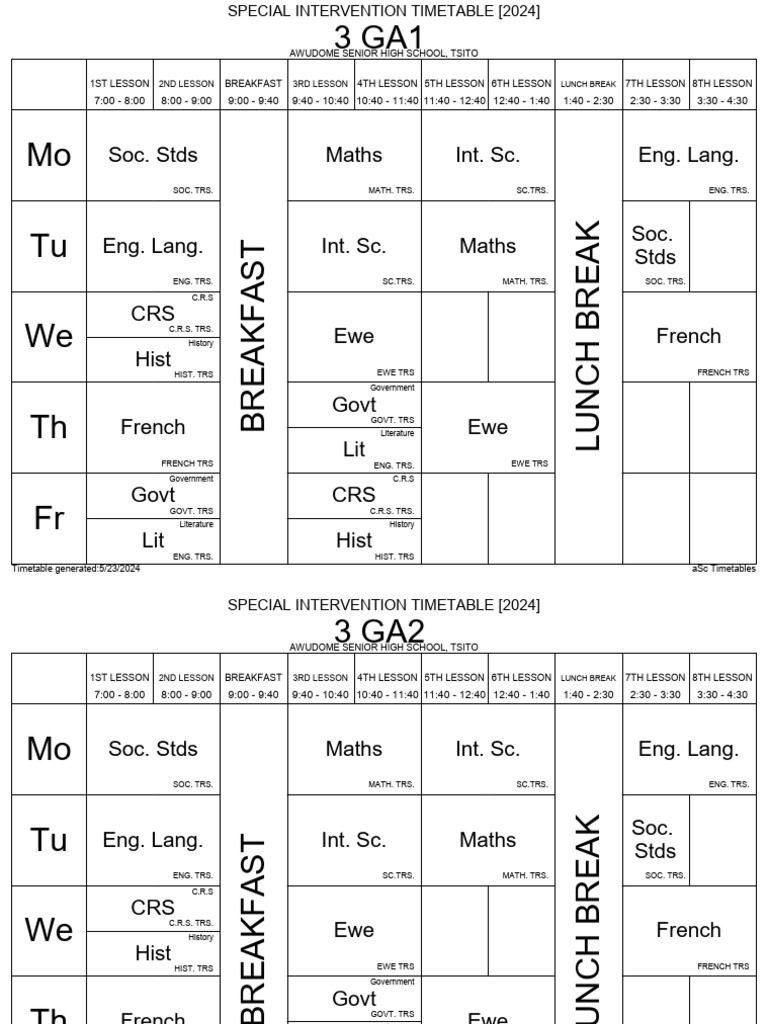Awudome SHS 2024 Timetable Overview | PDF