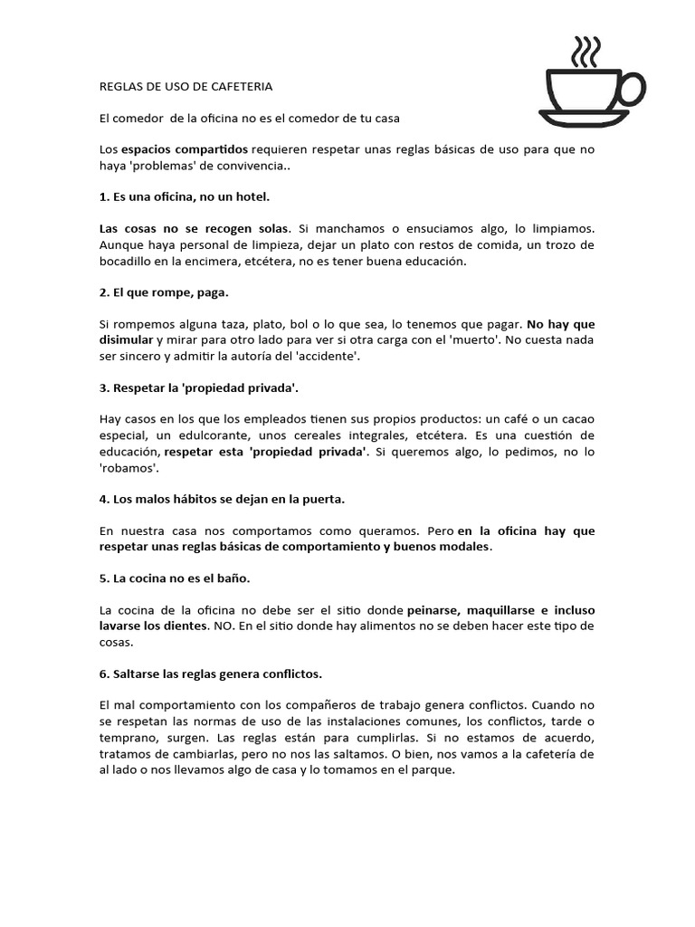 Reglas de Uso de Cafeteria | PDF