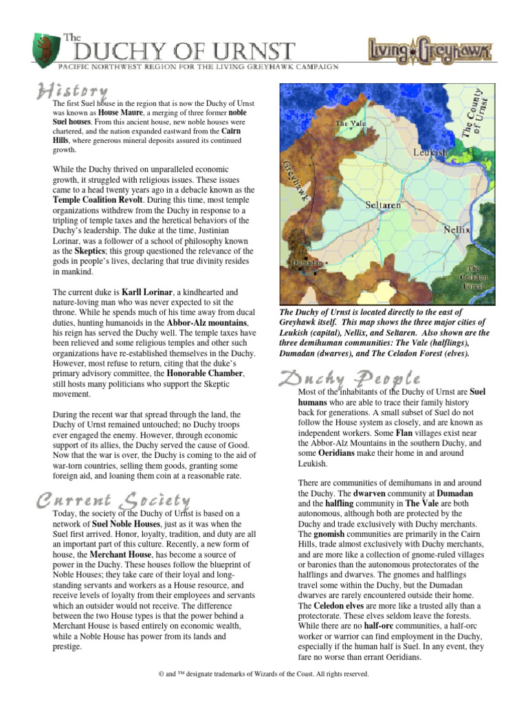 Duchy of Urnst - One Pager | PDF | Dwarf (Dungeons & Dragons)