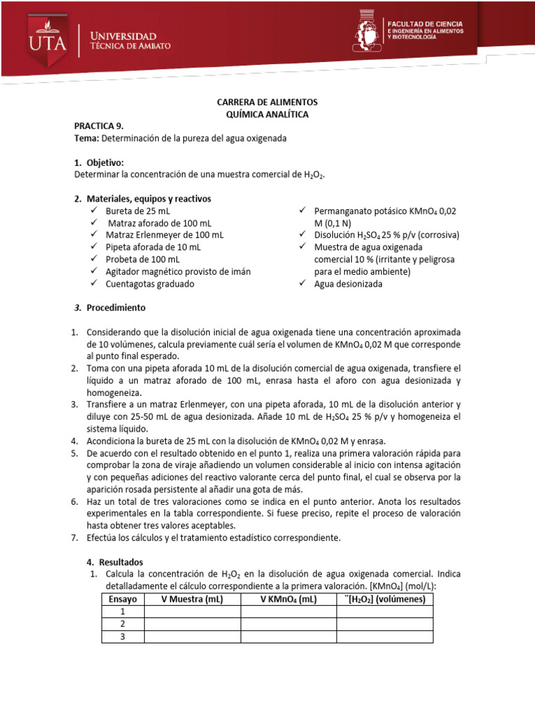 Práctica 9. Determinación de La Pureza Del Agua Oxigenada | Descargar ... Práctica 9. Determinación de La Pureza Del Agua Oxigenada | Descargar ...