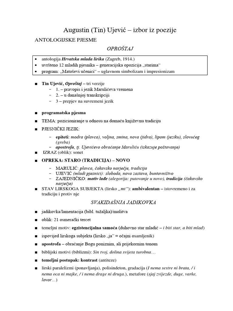 Tin Ujevic. Sazetak Za Ucenike | PDF