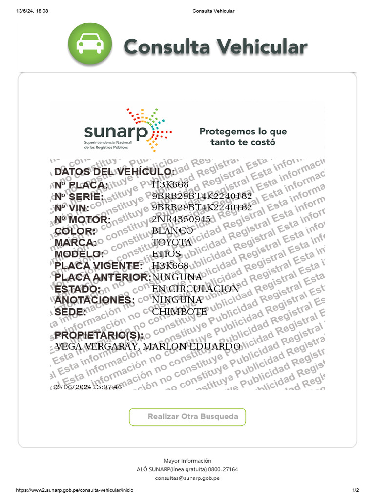 Consulta Vehicular SUNARP Perú | PDF