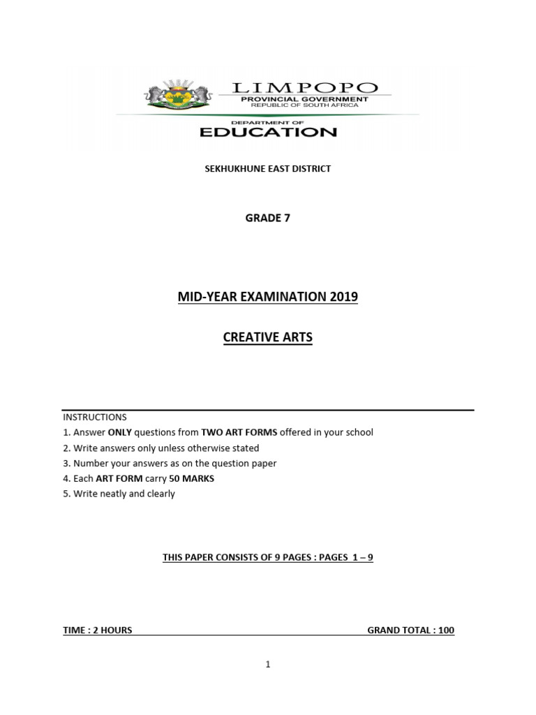 Mid-year Examination Creatve Arts Grade 7 2019 | PDF | Dances | Songs