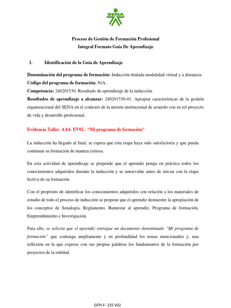 Resumen Evidencia Taller. AA4 - EV02 - "Mi Programa de Formación" | PDF