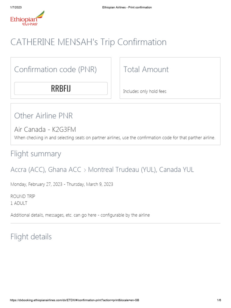 Ethiopian Airlines Trip Confirmation | PDF | Transport Companies | Airlines