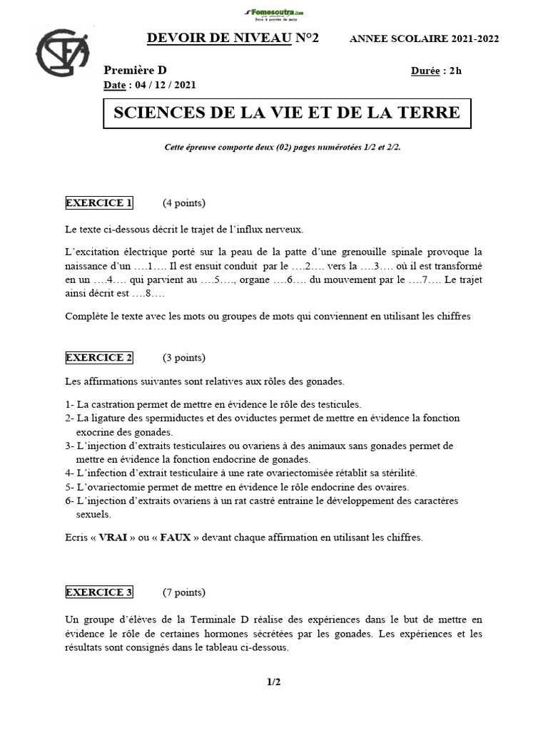 Devoir SVT Première D | PDF