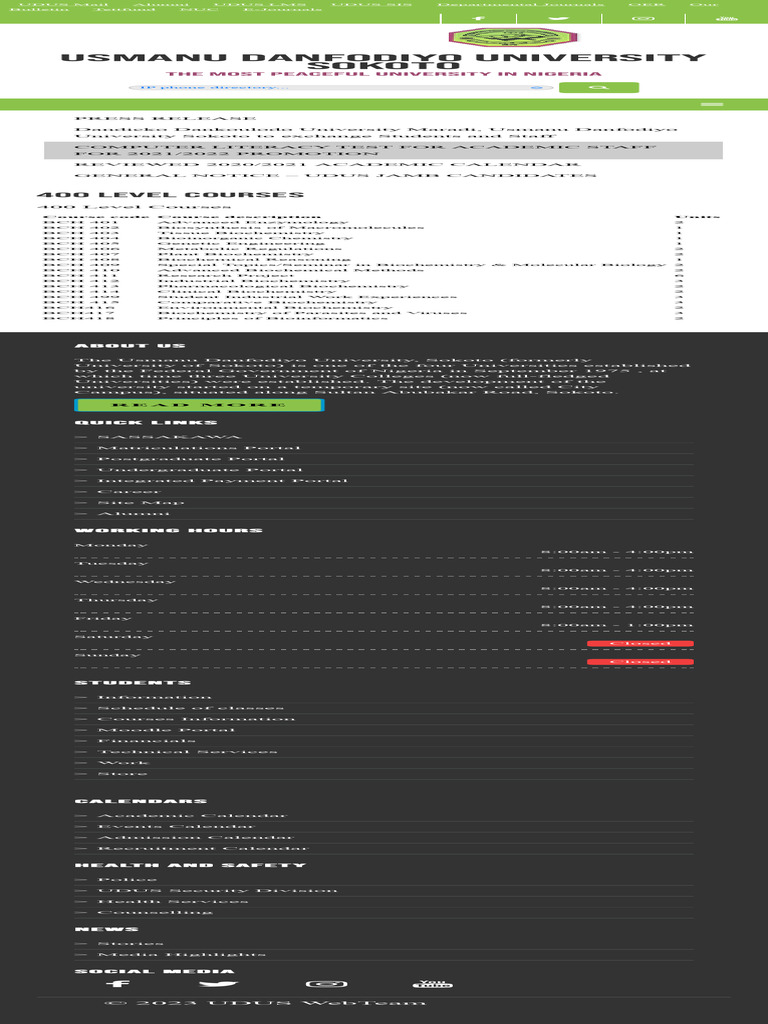 400 Level Courses at UDUS Sokoto | PDF | Biochemistry | Chemistry