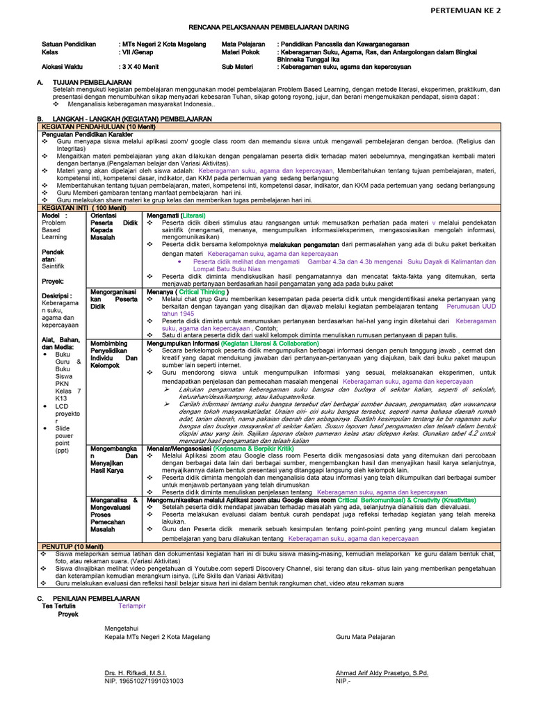 RPP Daring PPKN Kelas 7 BAB 4 Pertemuan 2 | PDF