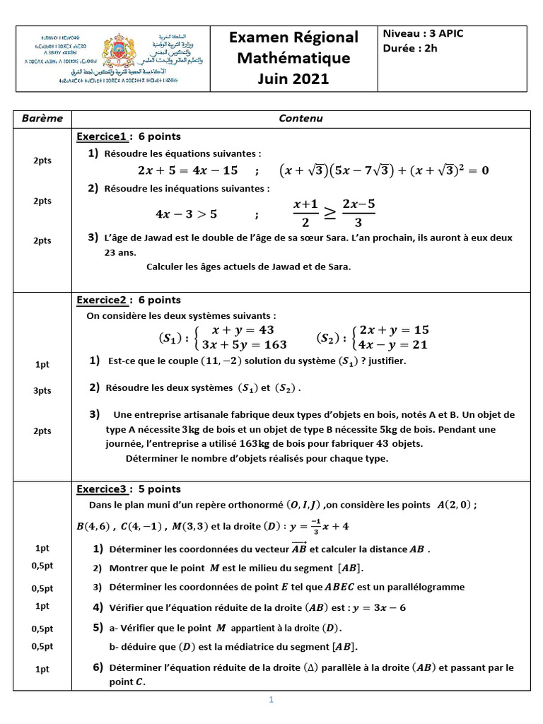 Examen Régional Math 3AC Juin 2021 | PDF | Concepts mathématiques ...
