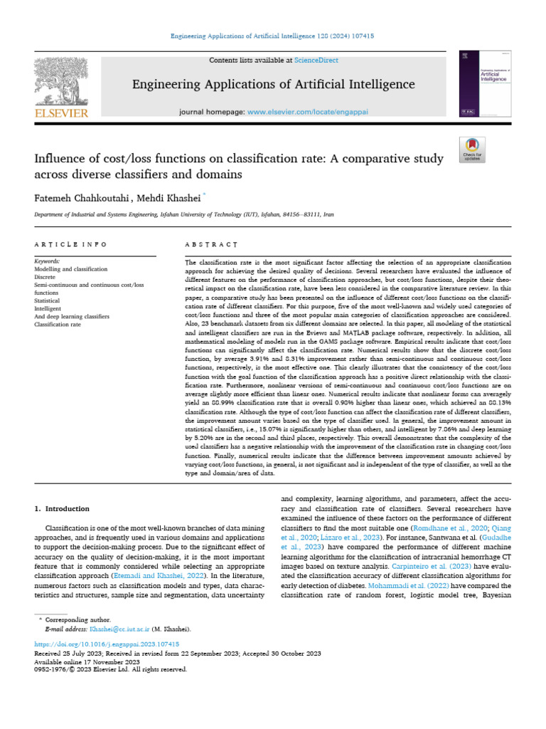 Influence of Cost Loss Functions on Classificatio 2024 Engineering Applicati | Download Free PDF ...