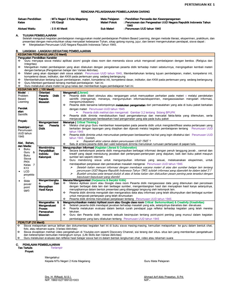 RPP Daring PPKN Kelas 7 BAB 3 Pertemuan 1 | PDF