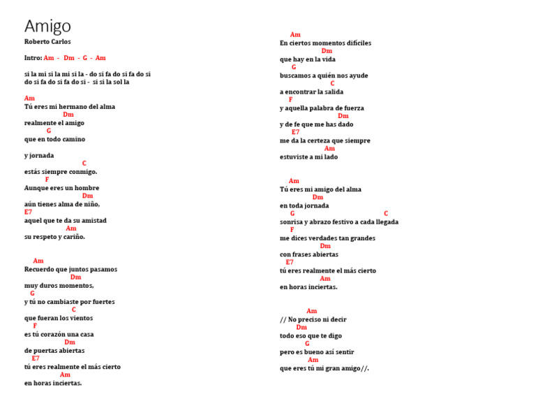 Letra de "Amigo" - Roberto Carlos | PDF
