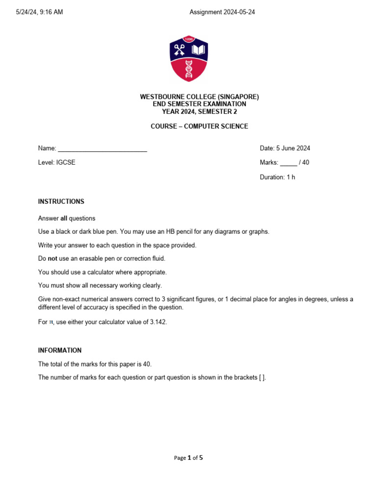 IG Computer Science (Year 1) 2024 Sem 2 EOY Paper | PDF | Computer Data ...