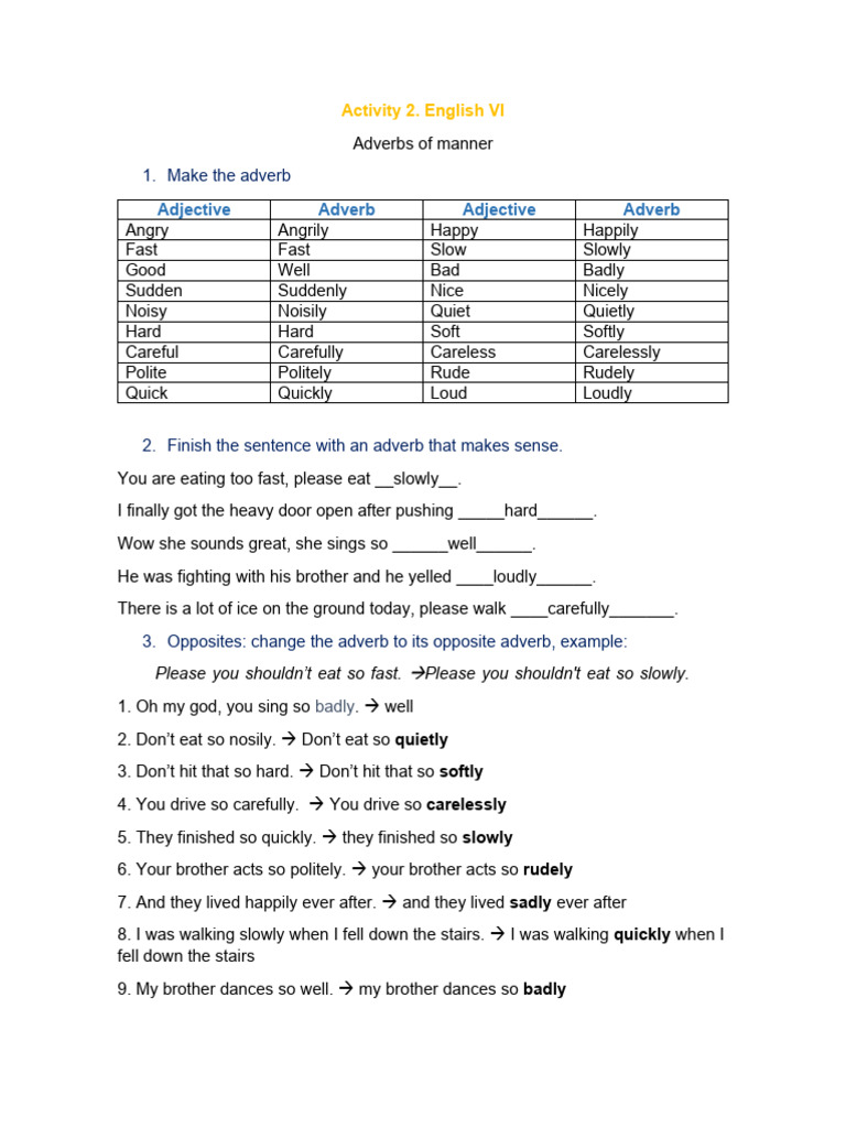 Activity 2 Englsh 6 | PDF | Adverb