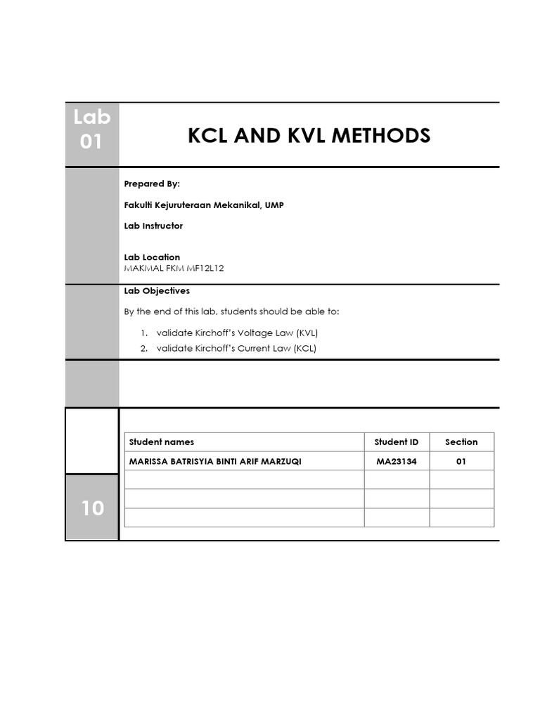 Lab - 01 - KCL and KVL (Ma23134) | PDF | Network Analysis (Electrical Circuits) | Electrical Network