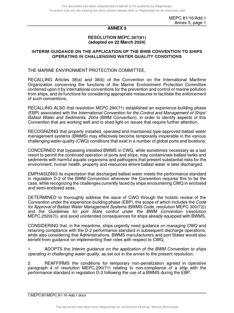 MEPC 387 (81) Interim Guidance CWQ | PDF | Filtration | Water Quality