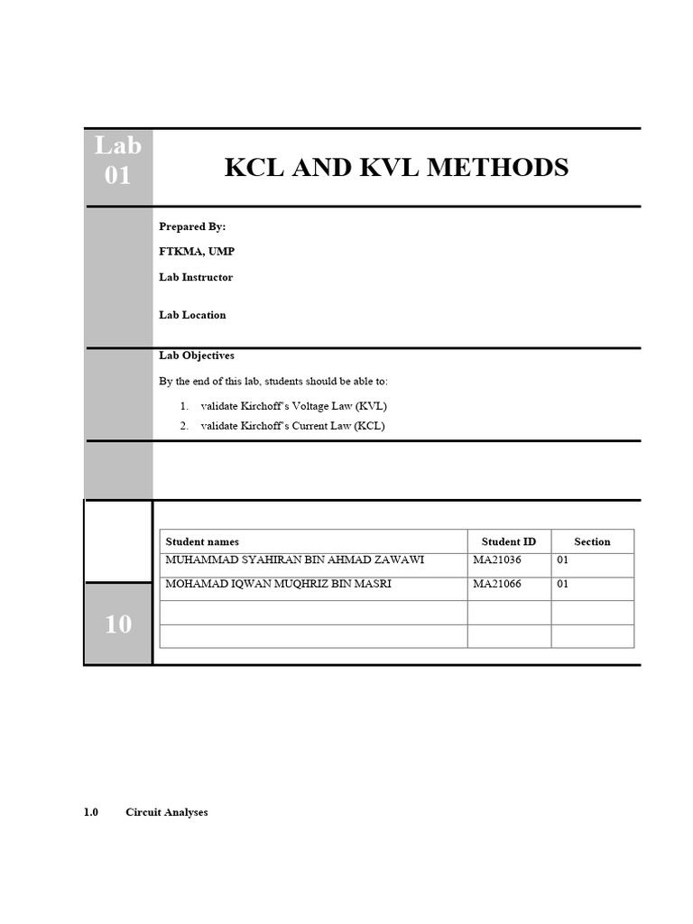 Lab - 01 - KCL and KVL - MA21066& MA21036 | PDF | Network Analysis (Electrical Circuits ...