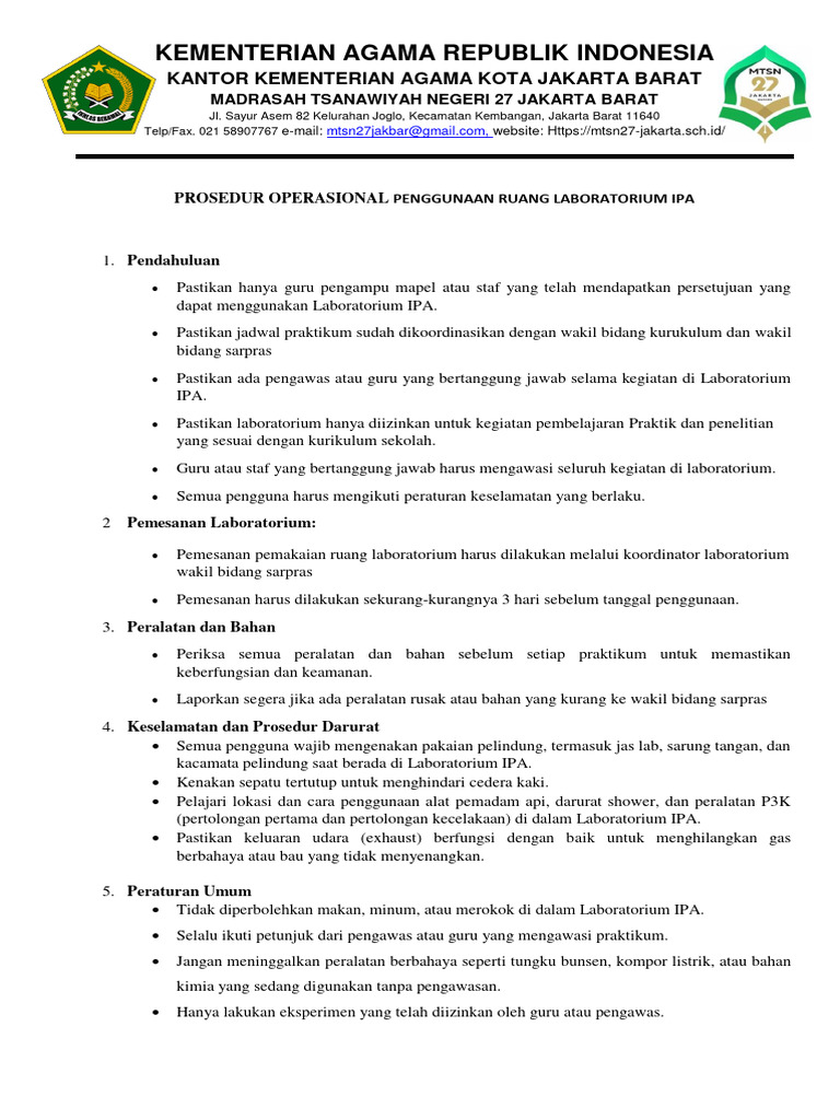 SOP Penggunaan Ruang Lab IPA Dan Komputer | PDF