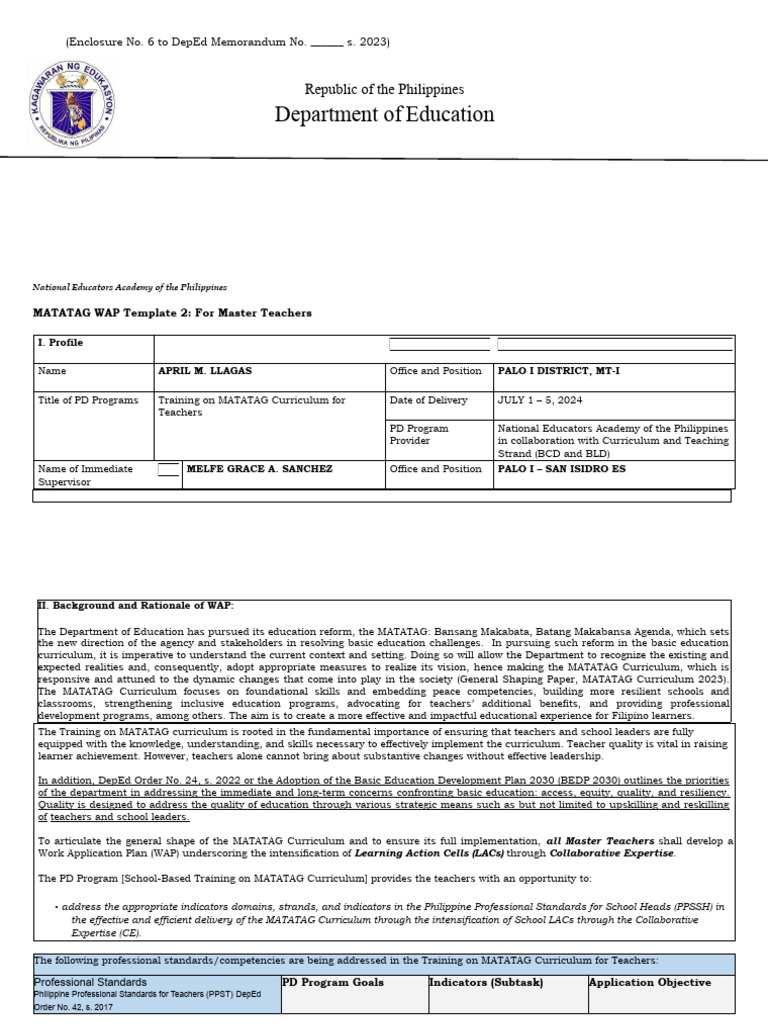 MATATAG WAP Template for Master Teachers | PDF | Differentiated ...